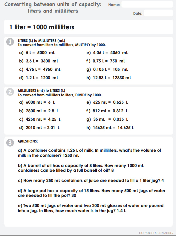 Converting between units of volume - milliliters and liters - ANSWERS - Studyladder Interactive ...