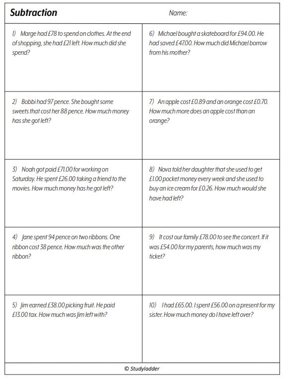 Subtracting 2 Digit Numbers Money problem Solving Studyladder