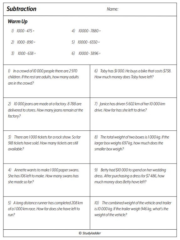 Subtracting From 1000 And 10000 problem Solving Studyladder 