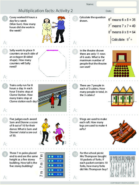 2x 10x Tables problem Solving Answer Sheet Studyladder Interactive